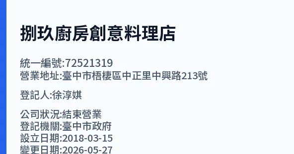 捌玖廚房創意料理店的照片-統編 72521319(臺中市) 公司登記資料與營業項目詳細圖表
