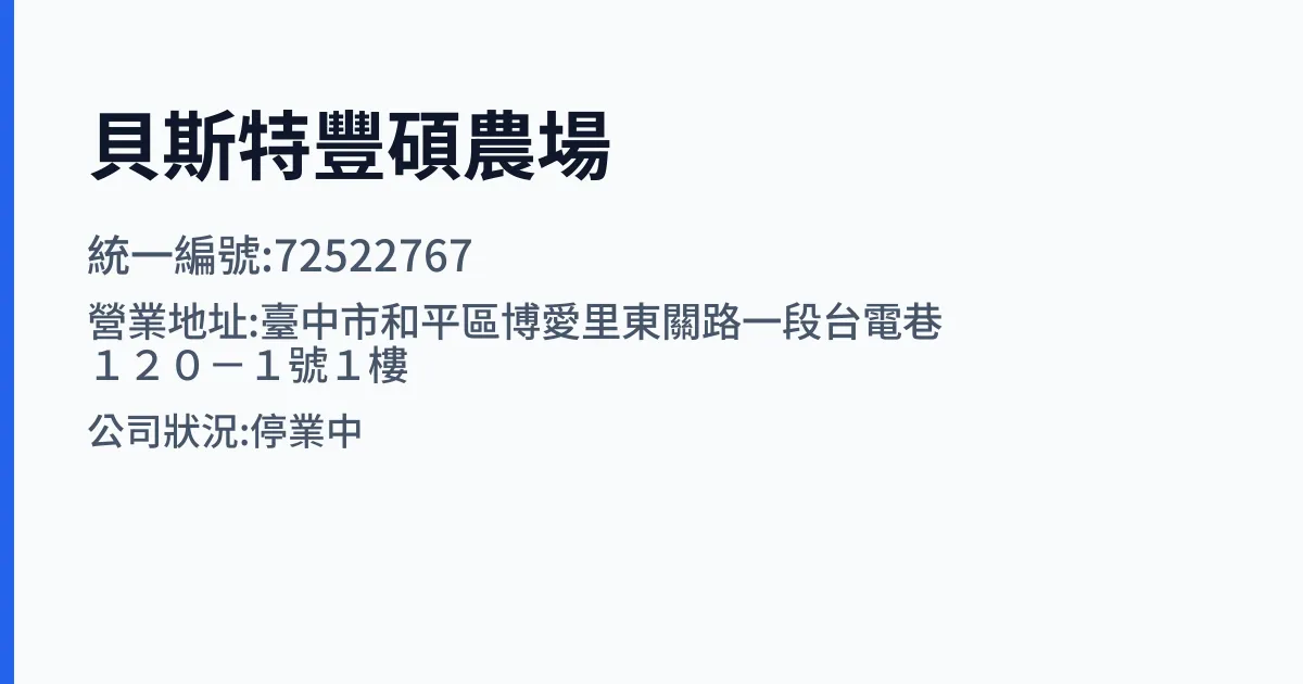 貝斯特豐碩農場 - 統編 72522767(臺中市) 公司登記資料與營業項目詳細圖表