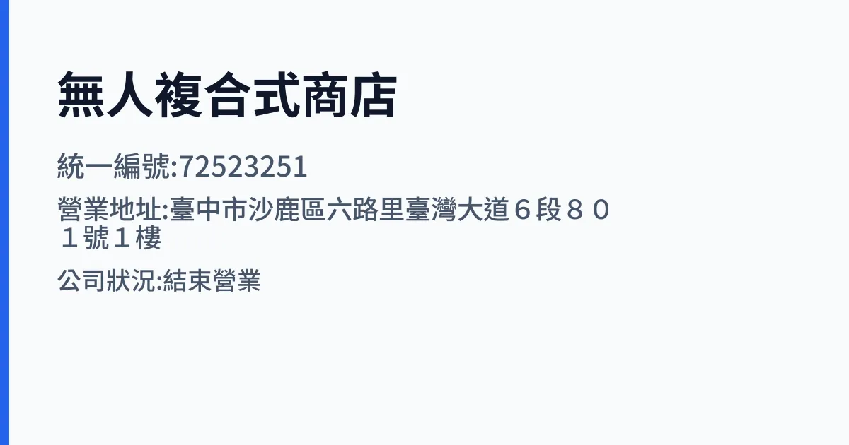 無人複合式商店 - 統編 72523251(臺中市) 公司登記資料與營業項目詳細圖表