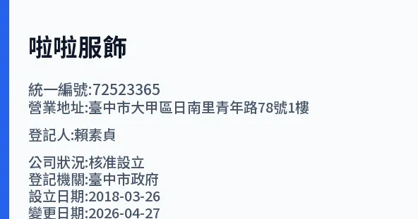 啦啦服飾的照片-統編 72523365(臺中市) 公司登記資料與營業項目詳細圖表