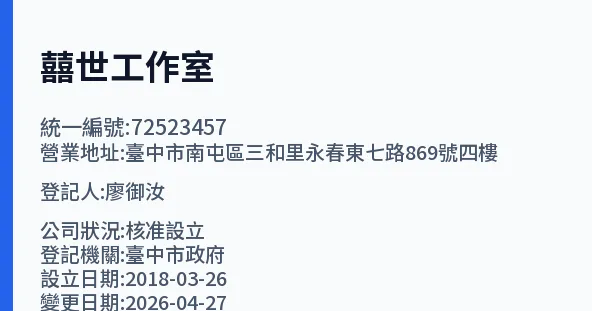 囍世工作室的照片-統編 72523457(臺中市) 公司登記資料與營業項目詳細圖表