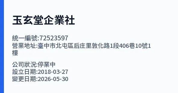 玉玄堂企業社的照片-統編 72523597(臺中市) 公司登記資料與營業項目詳細圖表