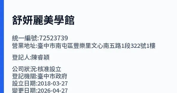 舒妍麗美學館的照片-統編 72523739(臺中市) 公司登記資料與營業項目詳細圖表