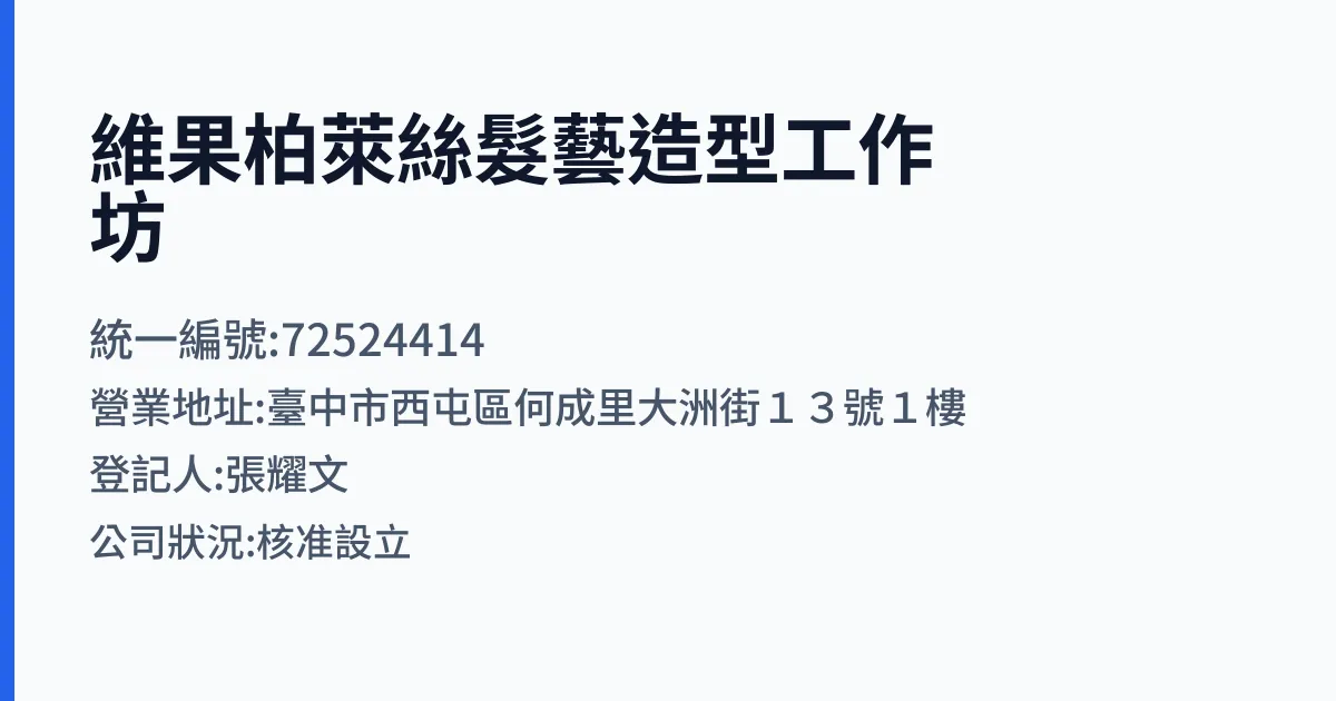 維果柏萊絲髮藝造型工作坊 - 統編 72524414(臺中市) 公司登記資料與營業項目詳細圖表
