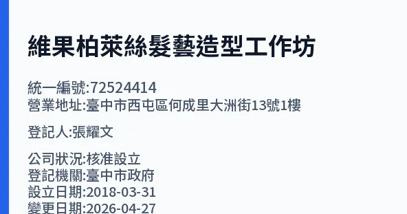 維果柏萊絲髮藝造型工作坊的照片-統編 72524414(臺中市) 公司登記資料與營業項目詳細圖表