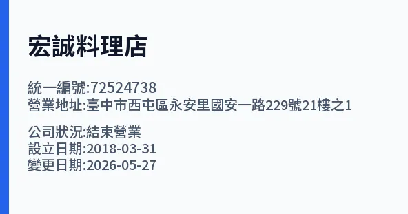 宏誠料理店的照片-統編 72524738(臺中市) 公司登記資料與營業項目詳細圖表