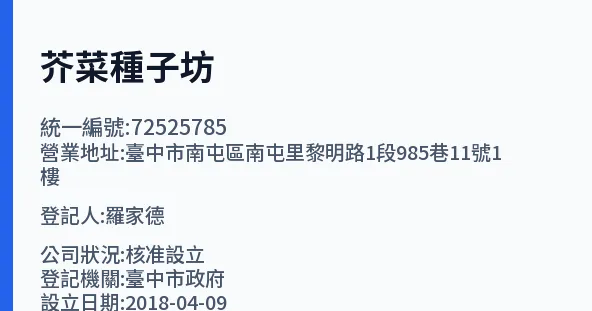 芥菜種子坊的照片-統編 72525785(臺中市) 公司登記資料與營業項目詳細圖表