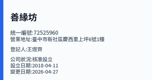 善緣坊的照片-統編 72525960(臺中市) 公司登記資料與營業項目詳細圖表