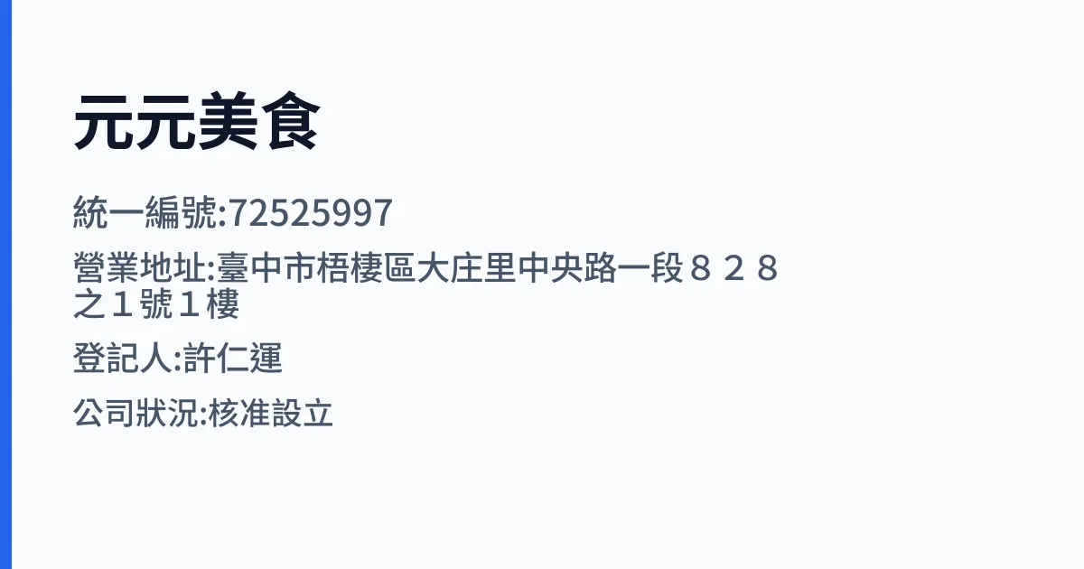 元元美食 - 統編 72525997(臺中市) 公司登記資料與營業項目詳細圖表