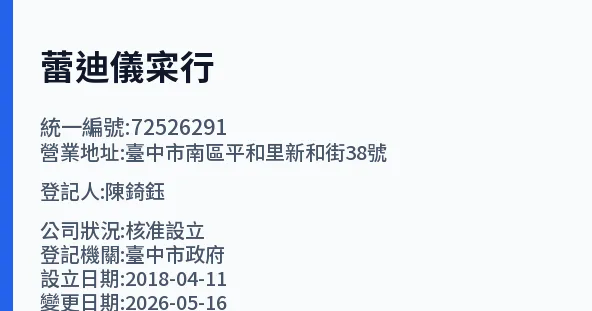 蕾迪儀寀行的照片-統編 72526291(臺中市) 公司登記資料與營業項目詳細圖表