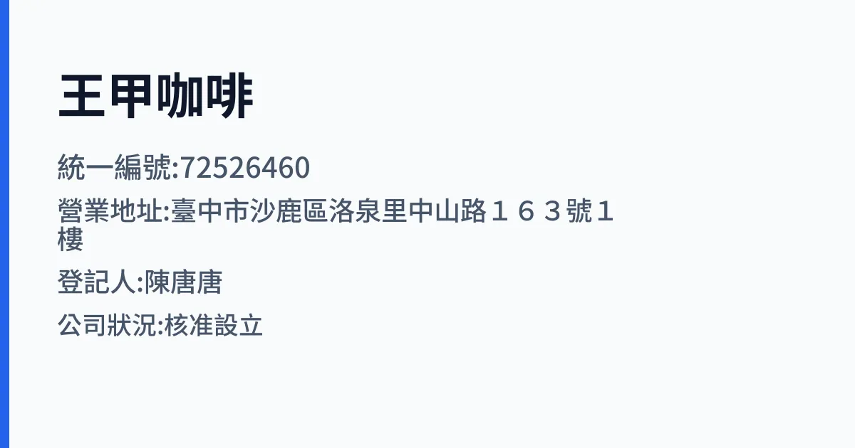 王甲咖啡 - 統編 72526460(臺中市) 公司登記資料與營業項目詳細圖表