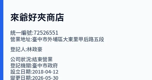 來爺好夾商店的照片-統編 72526551(臺中市) 公司登記資料與營業項目詳細圖表