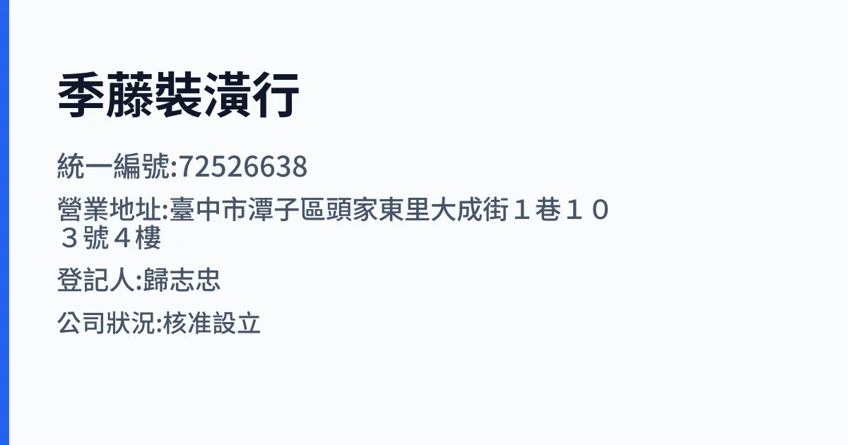 季藤裝潢行 - 統編 72526638(臺中市) 公司登記資料與營業項目詳細圖表