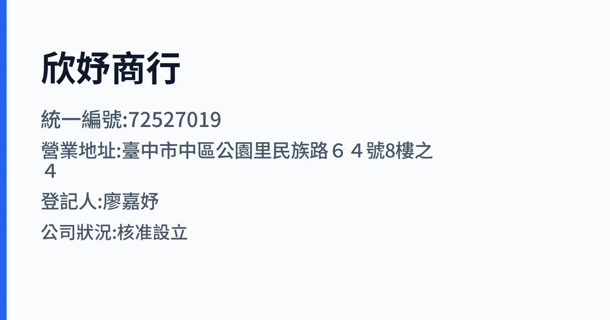 欣妤商行 - 統編 72527019(臺中市) 公司登記資料與營業項目詳細圖表