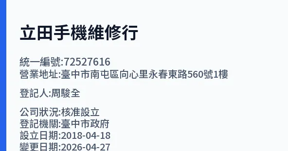 立田手機維修行的照片-統編 72527616(臺中市) 公司登記資料與營業項目詳細圖表