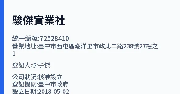 駿傑實業社的照片-統編 72528410(臺中市) 公司登記資料與營業項目詳細圖表