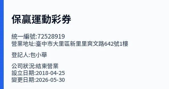 保贏運動彩券的照片-統編 72528919(臺中市) 公司登記資料與營業項目詳細圖表