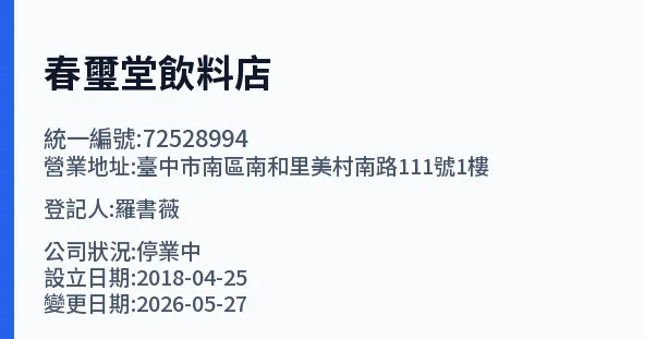 春璽堂飲料店的照片-統編 72528994(臺中市) 公司登記資料與營業項目詳細圖表