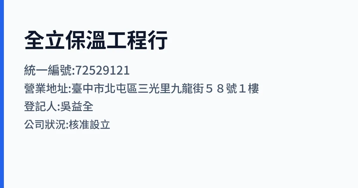 全立保溫工程行 - 統編 72529121(臺中市) 公司登記資料與營業項目詳細圖表