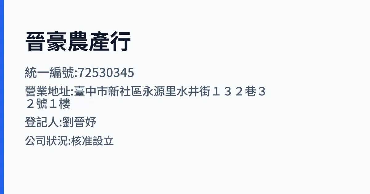 晉豪農產行 - 統編 72530345(臺中市) 公司登記資料與營業項目詳細圖表