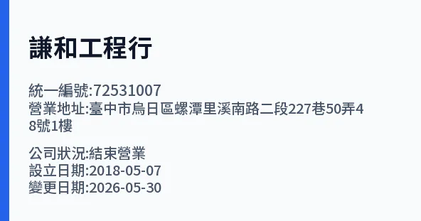 謙和工程行的照片-統編 72531007(臺中市) 公司登記資料與營業項目詳細圖表