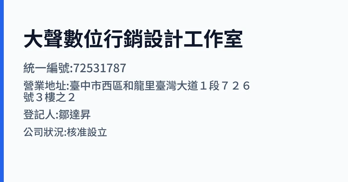 大聲數位行銷設計工作室 - 統編 72531787(臺中市) 公司登記資料與營業項目詳細圖表
