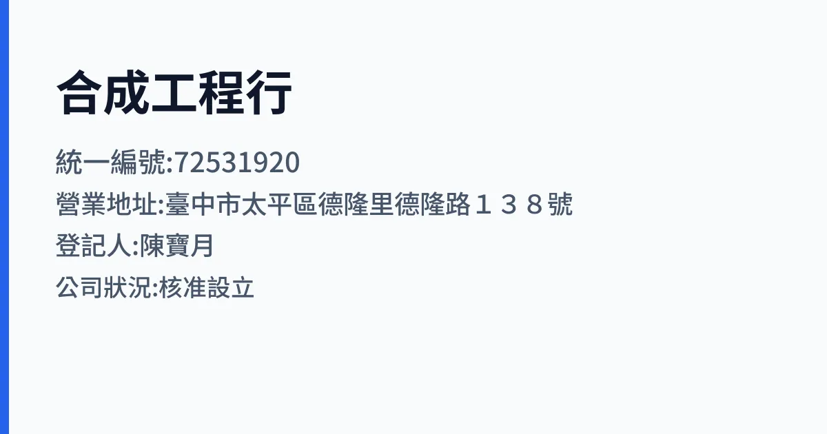 合成工程行 - 統編 72531920(臺中市) 公司登記資料與營業項目詳細圖表