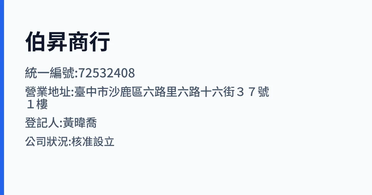伯昇商行 - 統編 72532408(臺中市) 公司登記資料與營業項目詳細圖表