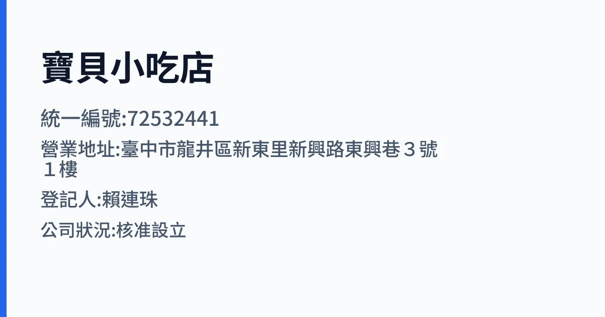 寶貝小吃店 - 統編 72532441(臺中市) 公司登記資料與營業項目詳細圖表