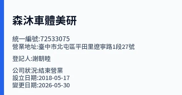 森沐車體美研的照片-統編 72533075(臺中市) 公司登記資料與營業項目詳細圖表