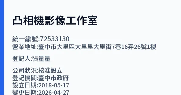 凸相機影像工作室的照片-統編 72533130(臺中市) 公司登記資料與營業項目詳細圖表
