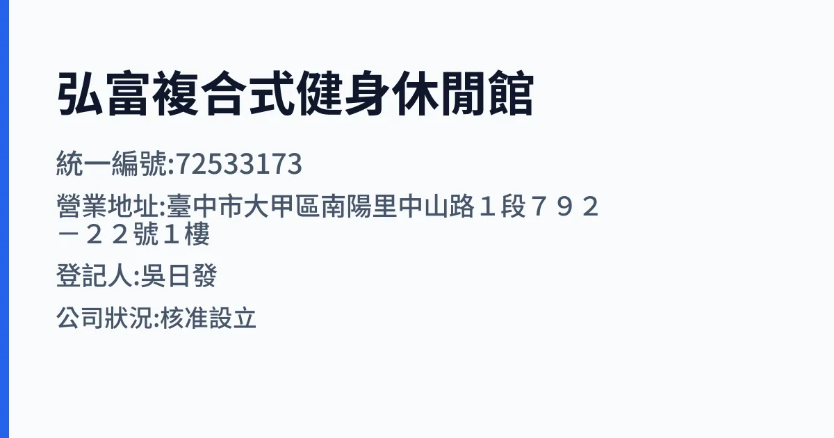 弘富複合式健身休閒館 - 統編 72533173(臺中市) 公司登記資料與營業項目詳細圖表