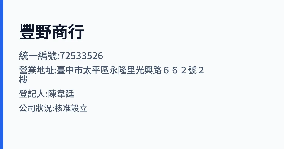 豐野商行 - 統編 72533526(臺中市) 公司登記資料與營業項目詳細圖表