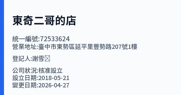 東奇二哥的店的照片-統編 72533624(臺中市) 公司登記資料與營業項目詳細圖表