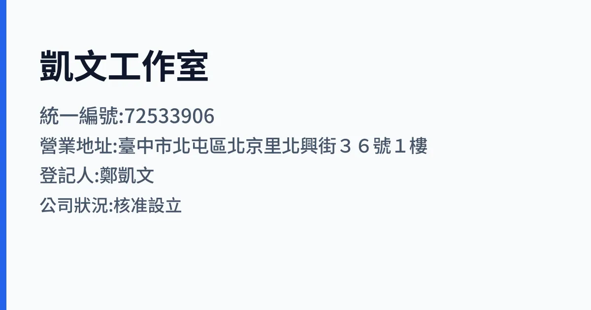 凱文工作室 - 統編 72533906（臺中市） 公司登記資料與營業項目詳細圖表