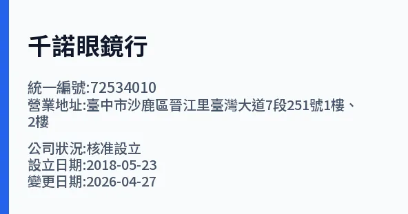 千諾眼鏡行的照片-統編 72534010(臺中市) 公司登記資料與營業項目詳細圖表