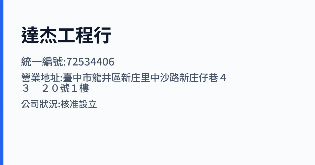 達杰工程行 - 統編 72534406(臺中市) 公司登記資料與營業項目詳細圖表