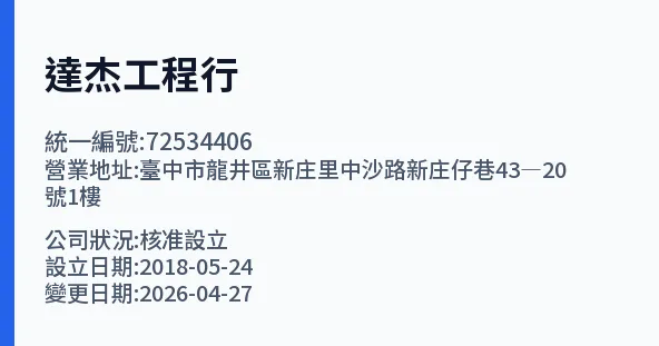 達杰工程行的照片-統編 72534406(臺中市) 公司登記資料與營業項目詳細圖表