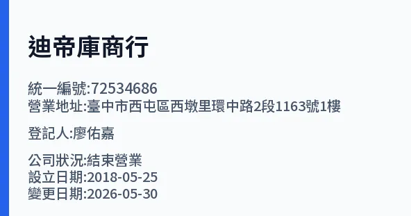 迪帝庫商行的照片-統編 72534686(臺中市) 公司登記資料與營業項目詳細圖表