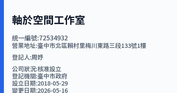 軸於空間工作室的照片-統編 72534932(臺中市) 公司登記資料與營業項目詳細圖表