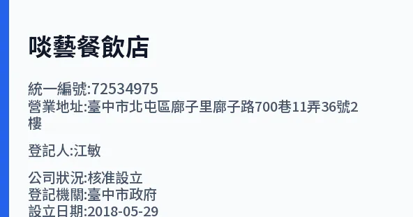 啖藝餐飲店的照片-統編 72534975(臺中市) 公司登記資料與營業項目詳細圖表