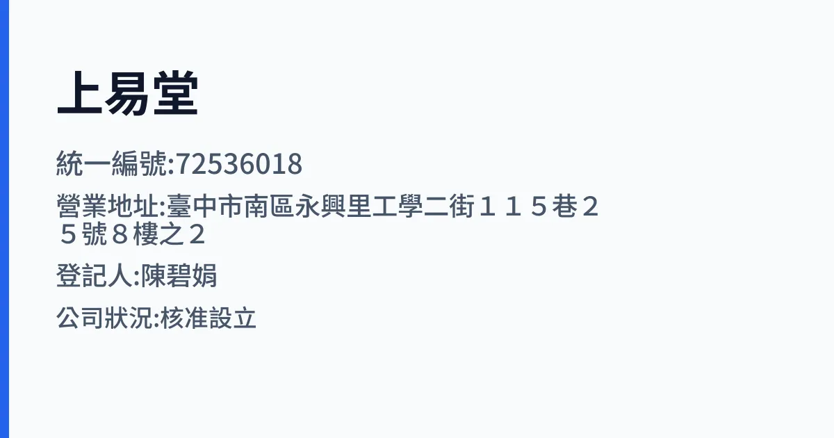 上易堂 - 統編 72536018(臺中市) 公司登記資料與營業項目詳細圖表