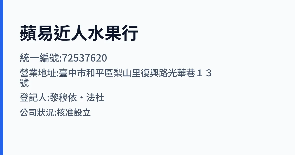 蘋易近人水果行 - 統編 72537620(臺中市) 公司登記資料與營業項目詳細圖表