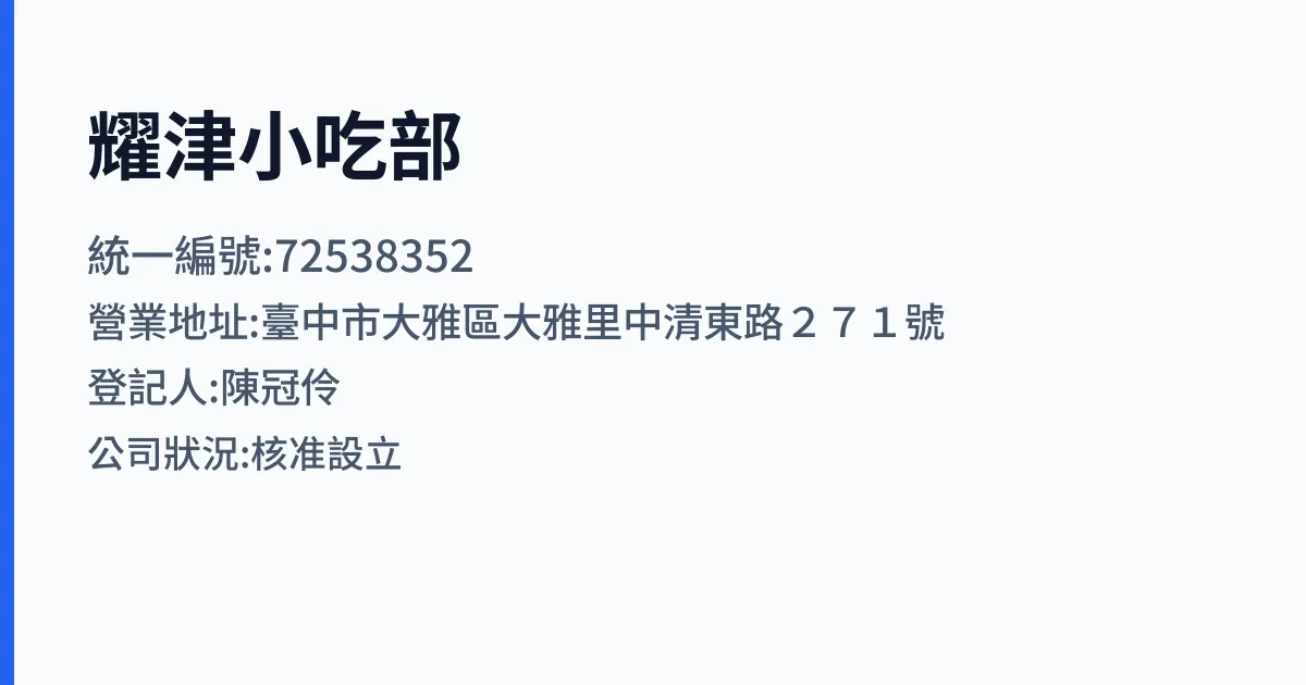 耀津小吃部 - 統編 72538352(臺中市) 公司登記資料與營業項目詳細圖表
