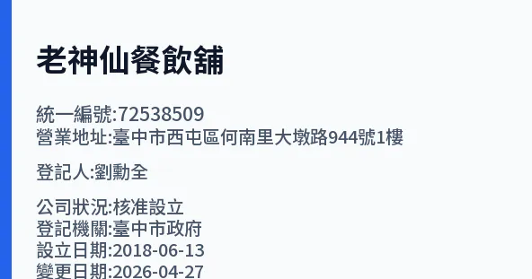 老神仙餐飲舖的照片-統編 72538509(臺中市) 公司登記資料與營業項目詳細圖表