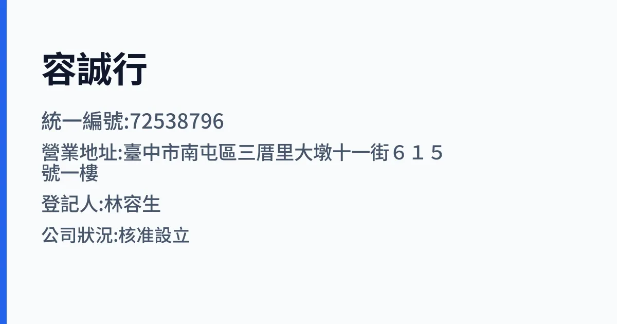 容誠行 - 統編 72538796(臺中市) 公司登記資料與營業項目詳細圖表