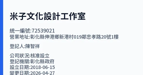 米子文化設計工作室的照片-統編 72539021(彰化縣) 公司登記資料與營業項目詳細圖表