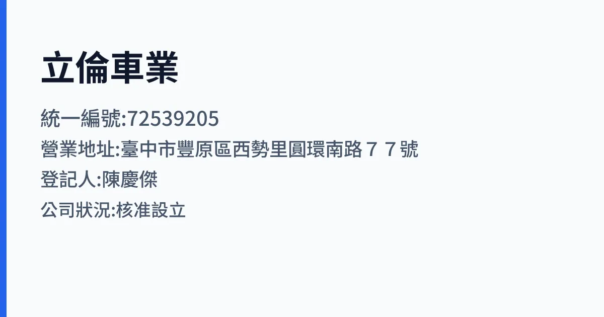 立倫車業 - 統編 72539205(臺中市) 公司登記資料與營業項目詳細圖表