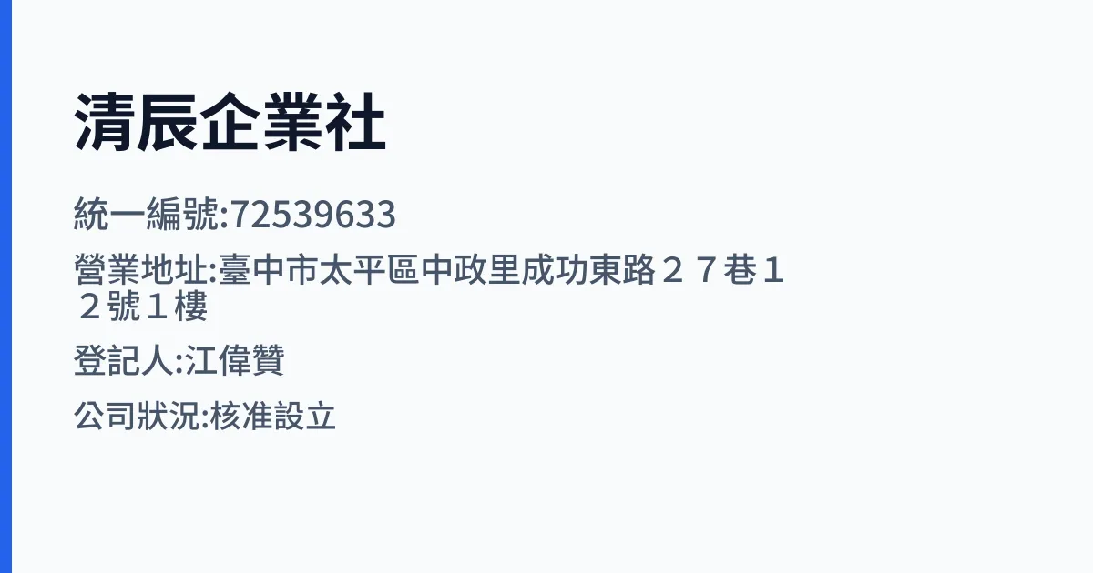 清辰企業社 - 統編 72539633(臺中市) 公司登記資料與營業項目詳細圖表