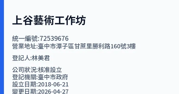上谷藝術工作坊的照片-統編 72539676(臺中市) 公司登記資料與營業項目詳細圖表